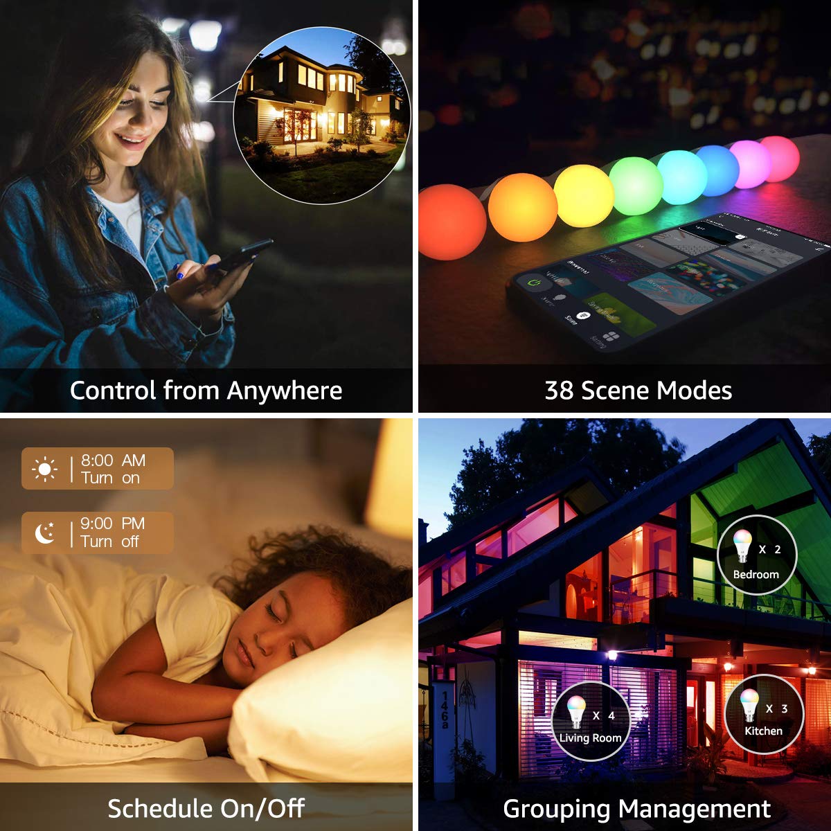 Smart WiFi Light Bulbs, LED Color Changing Lights, Compatible with Alexa & Google Home, Dimmable with App, 60 Watt Equivalent, A19 E26, No Hub Required, 2.4GHz WiFi Only (2 Pack)