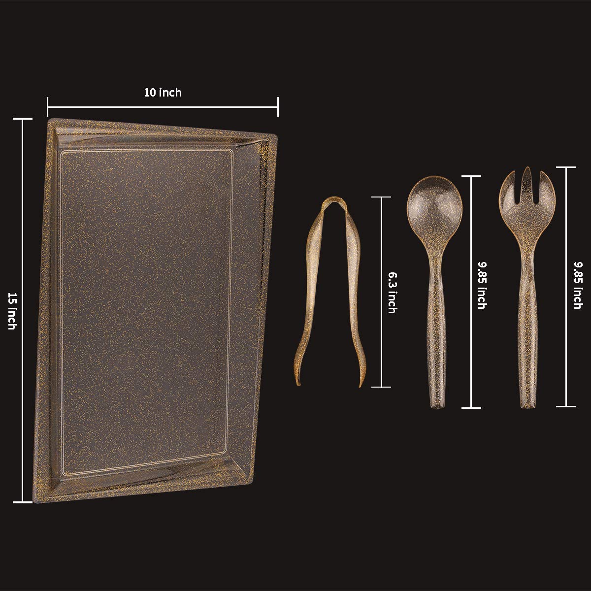 WELLIFE 24 Pack Plastic Gold Glitter Serving Tray with Disposable Utensils, 6 Rectangle Platter 15” x 10”, 6 Serving Spoons 10”, 6 Forks 10”, 6 Serving Tongs 6.3” for Buffet, Mothers Day