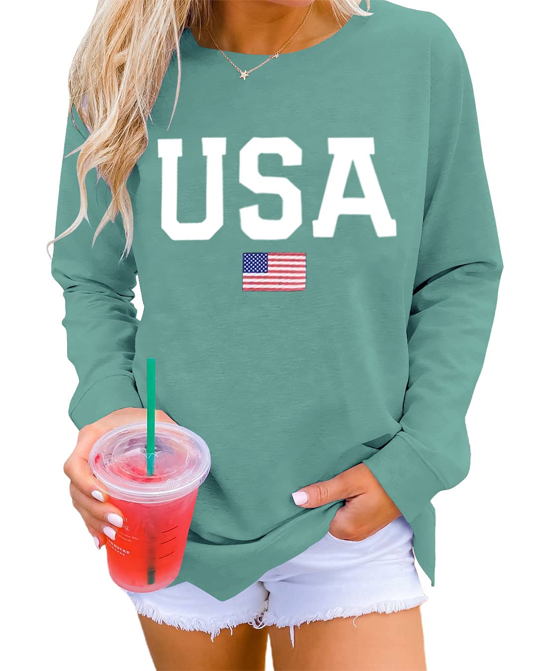 Women Long Sleeve Sweatshirt USA Flag Print Graphic Shirts Crew Neck America Pullovers Tops Blue Green Large