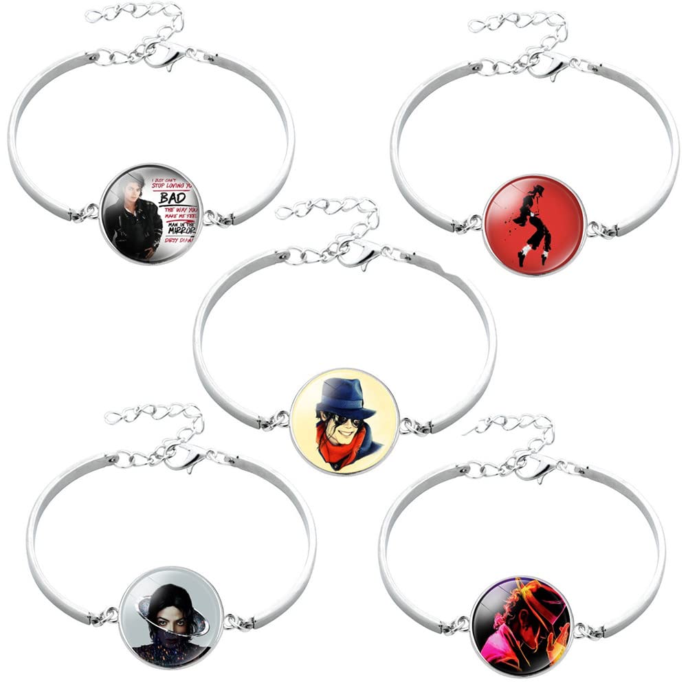 XCFS 5 Pack/Set The Michael Jacson Merchandise Round Charm Multilayer Woven MJ Bracelets 925 Silver Plated Dancing King MJ Collection Link Bracelet Commemorative Memorial Gifts For Fans