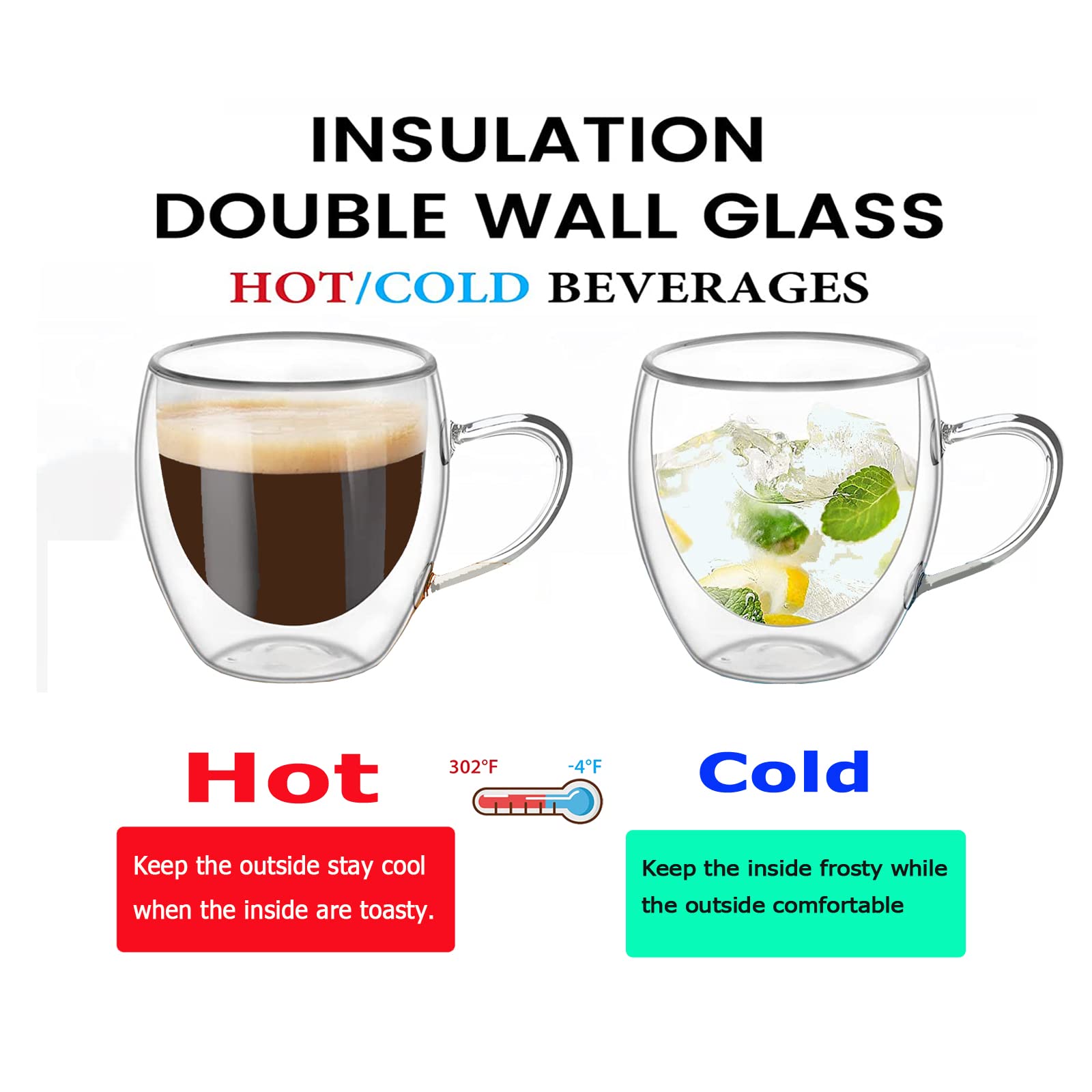 xiatnnxaa Insulated Glass Coffee Mug With Handle, 8 Ounce Clear Coffee Cup, 2 Pack Insulated Glass Espresso Mugs, Double Wall Coffee Mugs for Tea, Espresso, Cappuccino, Latte, Water Cold hot Beverages