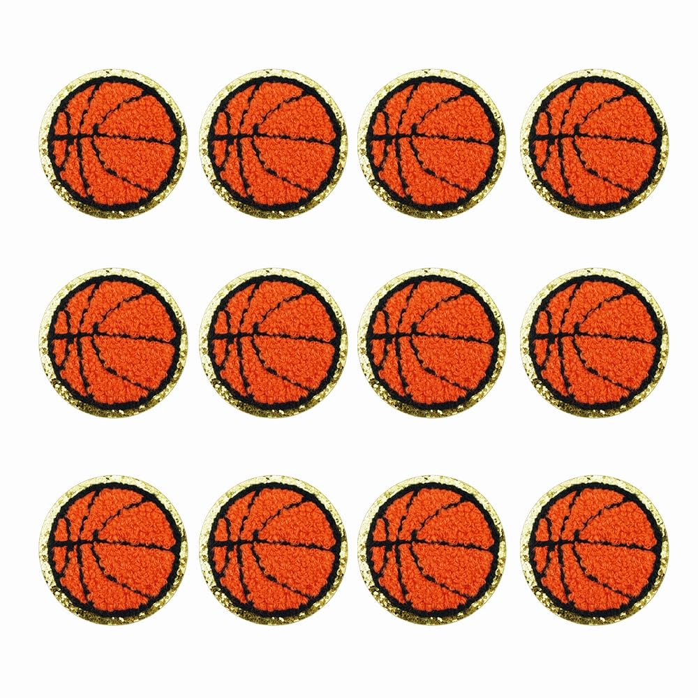 SaktopDeco 12 PCS Basketball Patch Gold Edges Chenille Patches Basketball Iron On Patch Sports Patches for Bags Hat DIY Clothing Repair