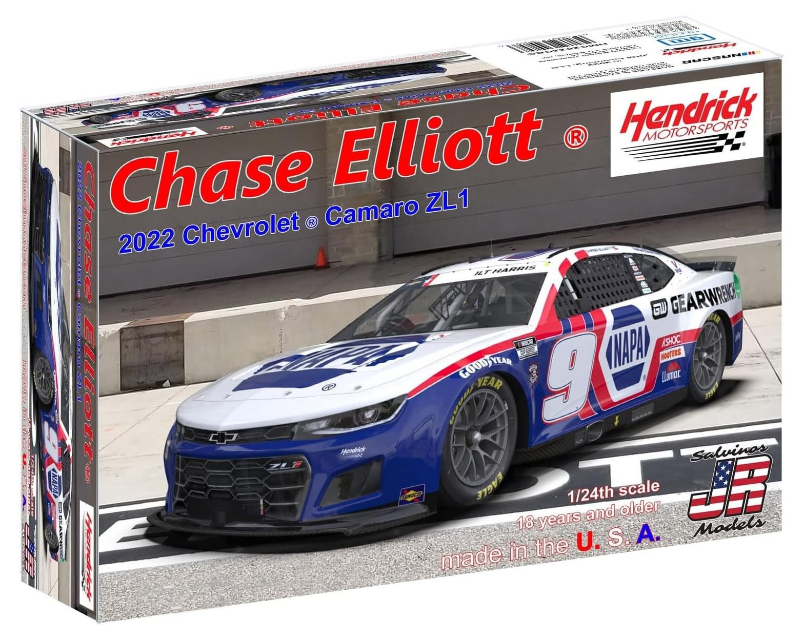 Salvinos J R Model 1/24 NASCAR 2022 Camaro ZL1 Hendrik Motorsport Chase Elliott Patriot Color Plastic Model SJMHMC2022CEC Molded Color