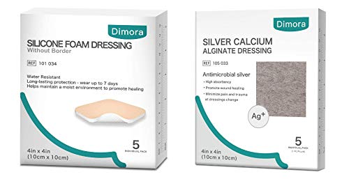 Silicone Adhesive Foam Dressing Without Border Waterproof 4"x 4"(10 cm x 10 cm) & Dimora Ag Silver Calcium Alginate Wound Dressing Pads, 4'' x 4'' Patches