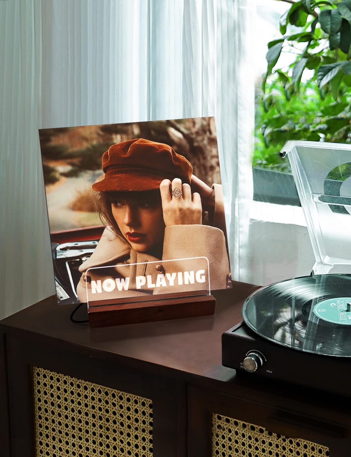 POSVIU Now Playing Vinyl Record Stand - LED Lighting Display, Solid Walnut & Acrylic,Vinyl Record Holder for LP Albums, Warm Lights (Walnut)
