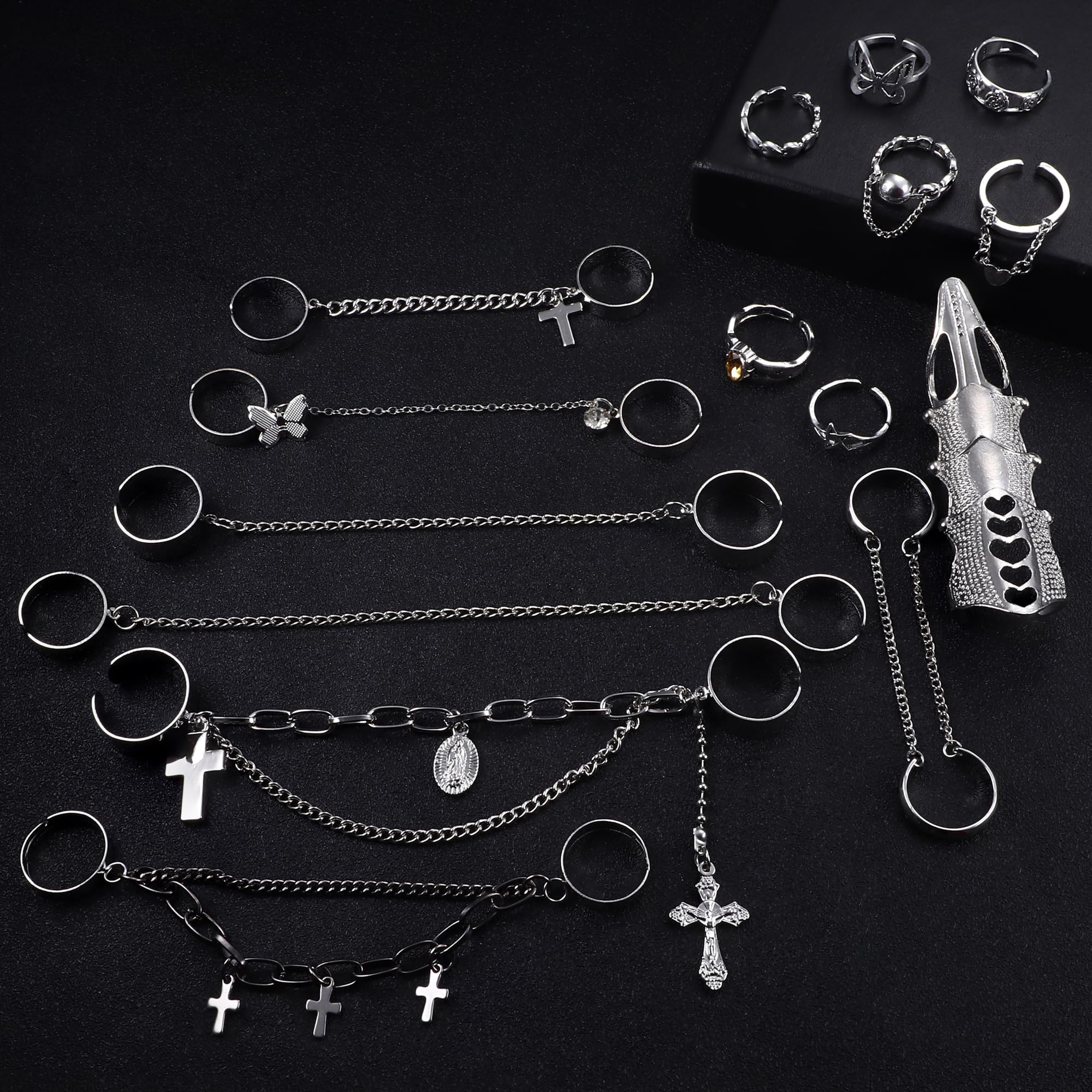 Ubjuliwa Gothic Punk Chain Finger Rings Set 15Pcs Adjustable Stackable Vintage Silver Emo Rings for Women Men Cross Butterfly Knuckle Rings