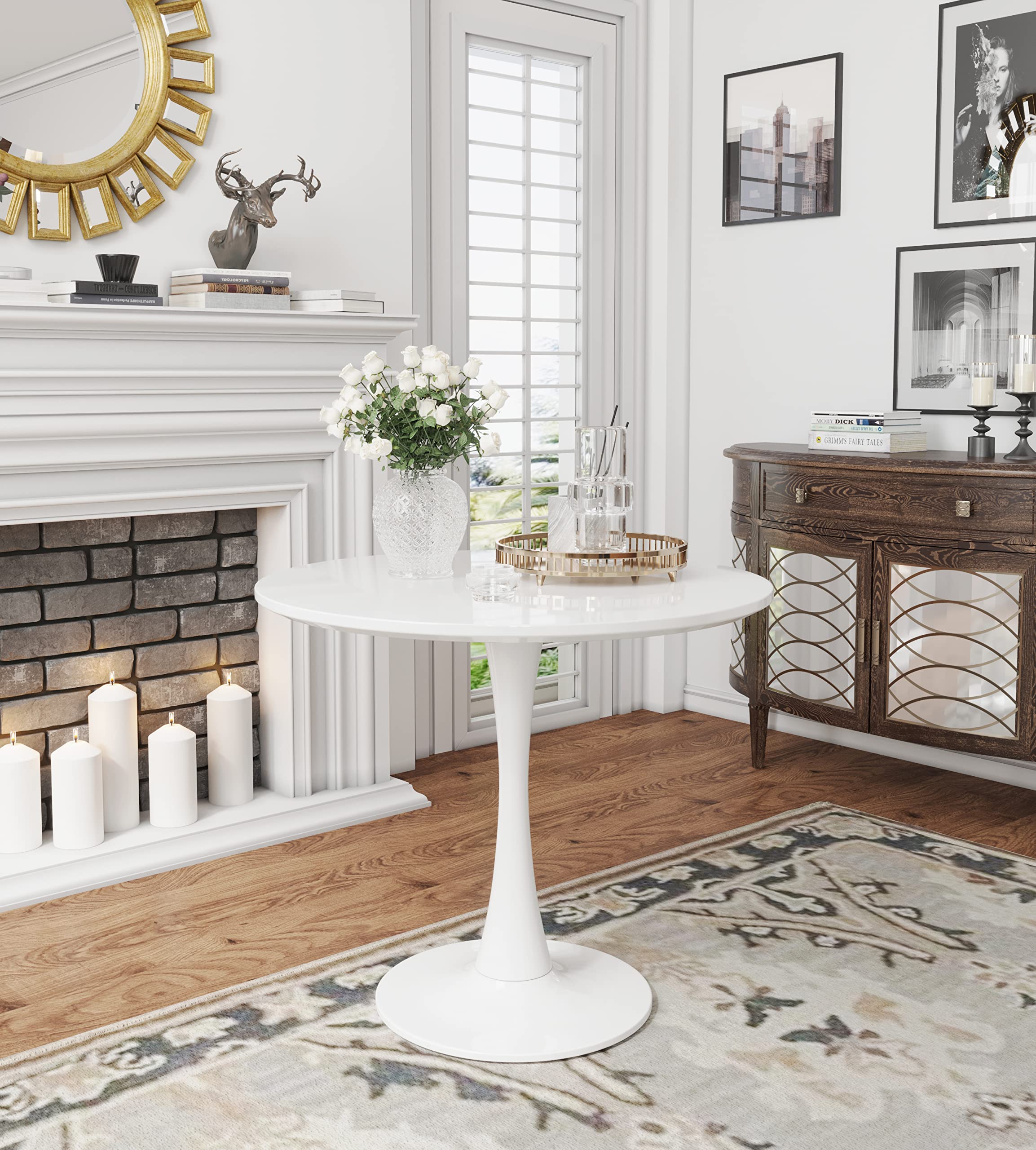 Sinovoy White Round Dining Table Modern Style 31.5" with Pedestal Base in Tulip Design, Mid-Century Leisure Table for Kitchen Dining Room & Living Room (White)