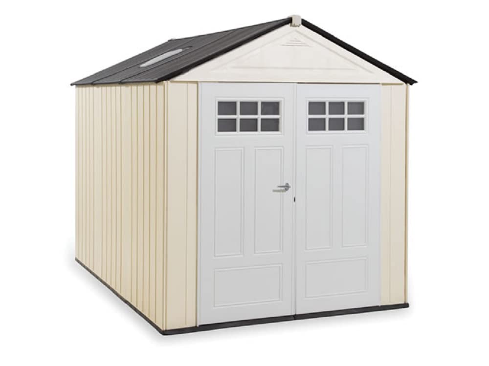 Rubbermaid Resin Outdoor Storage Shed With Floor (7 x 10.5 Ft), Weather Resistant, Beige/White, Organization for Home/Backyard/Garden Tools/Lawn Mower/Bike Storage/Pool Supplies