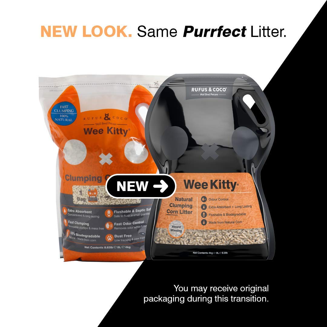 Rufus & Coco WeeKitty | Natural Flushable Clumping Cat Litter | Low Tracking Biodegradable Pellets | Corn 35.2lbs (4 x 8.8lbs bags)
