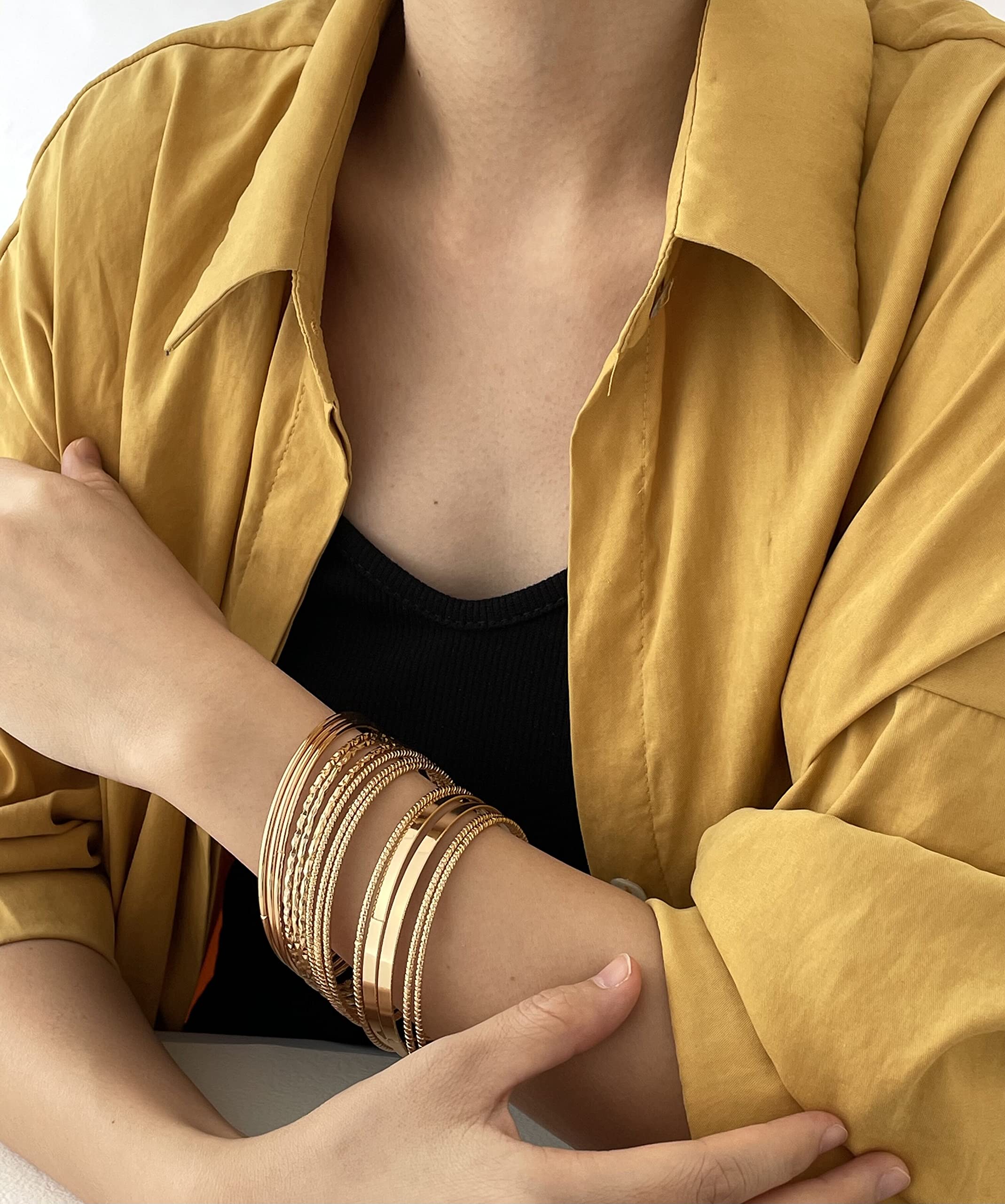 Sakytal Boho Gold Bangle Bracelet Set Indian Multi Layered Bangles Bracelets Stackable Textured Bracelet for Women (Set A)