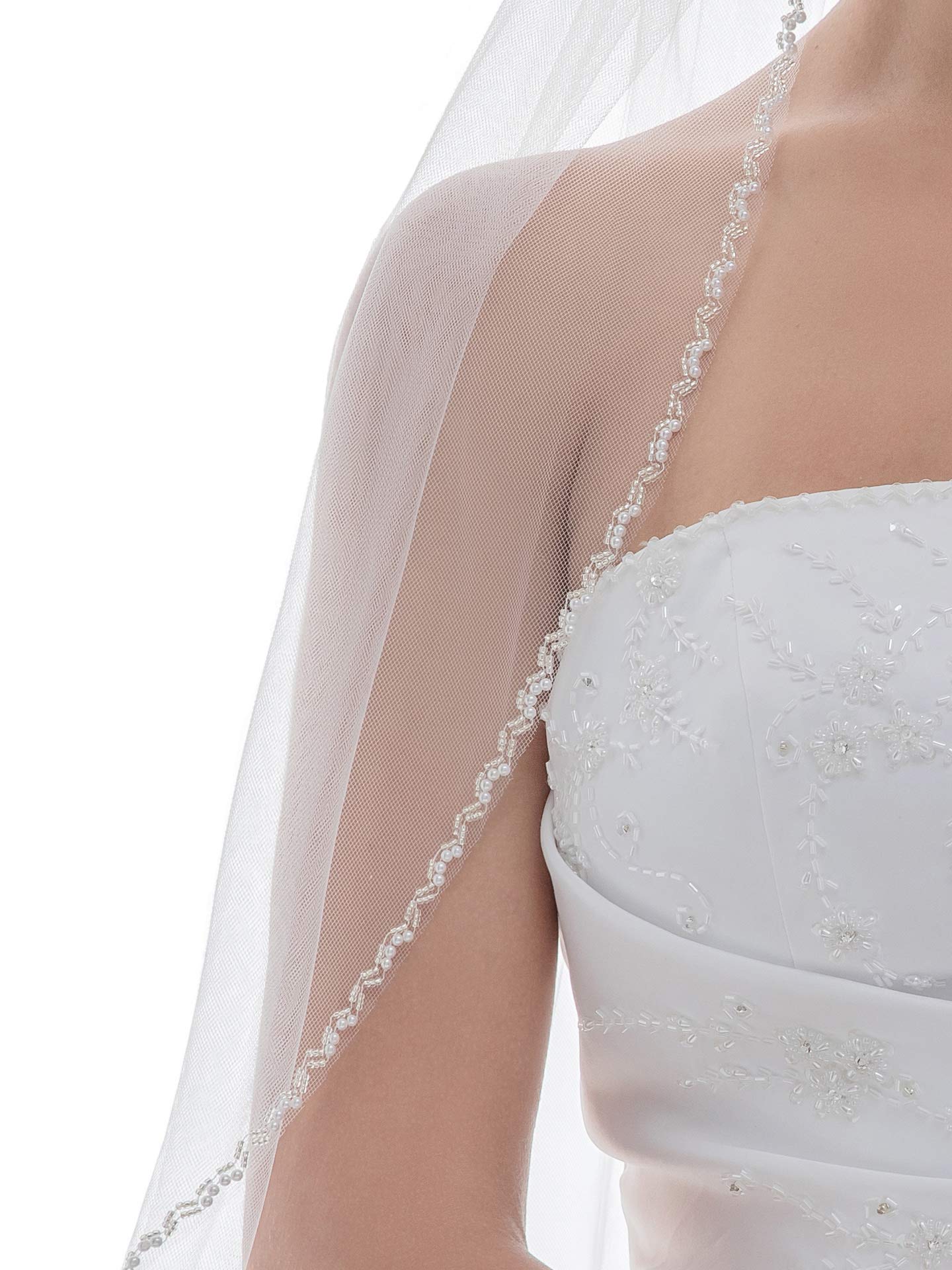 SAMKY 1T 1 Tier Double Row Wavy Pearl Crystal Edge Veil - Light Ivory Fingertip 36" V489