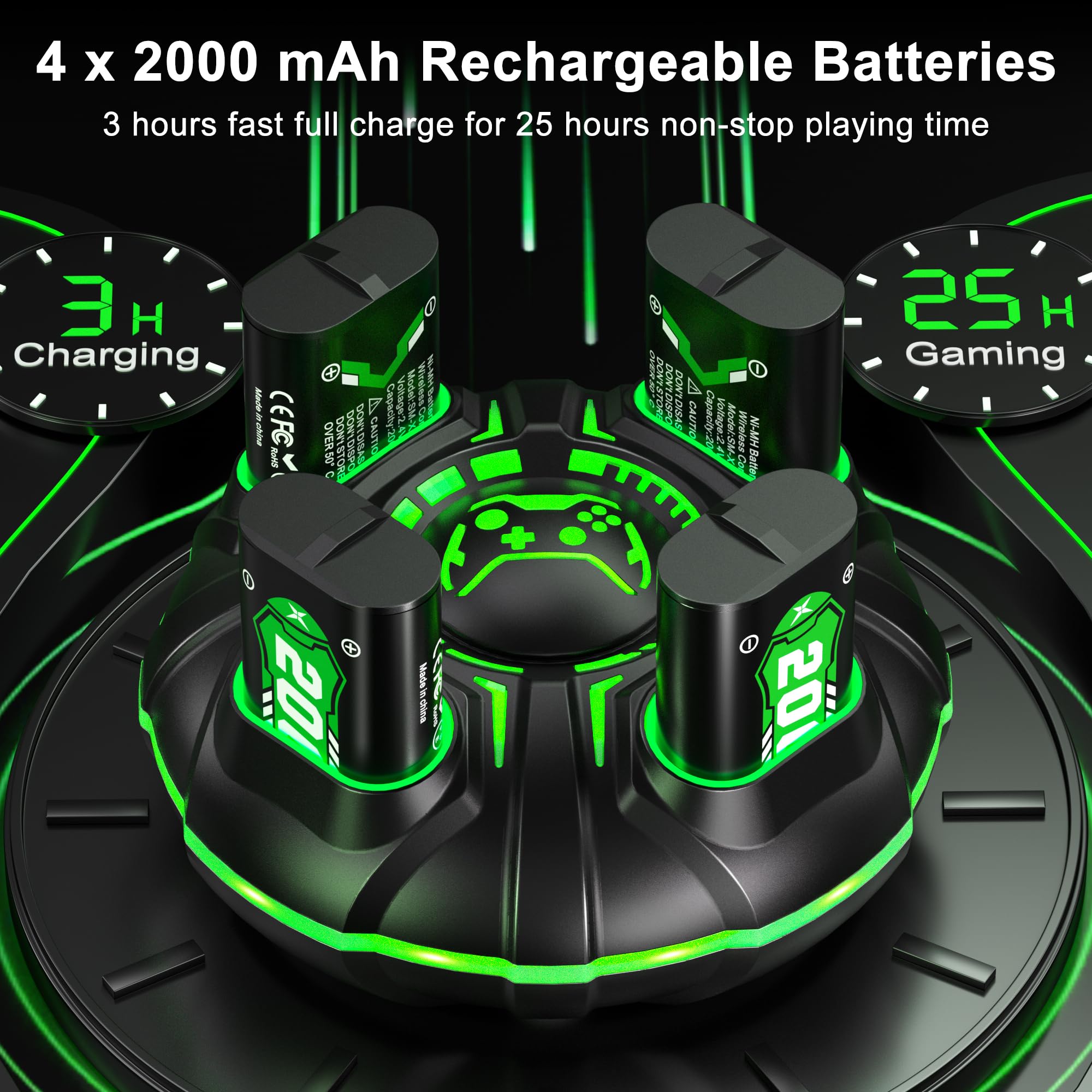 Rechargeable Battery Pack for Xbox Controller, （4x4800mWh)4x2000mAh Rechargeable Batteries for Xbox Controller Charger Station for Xbox One/Xbox Series X|S/Xbox One S|X/Xbox One Elite Controllers