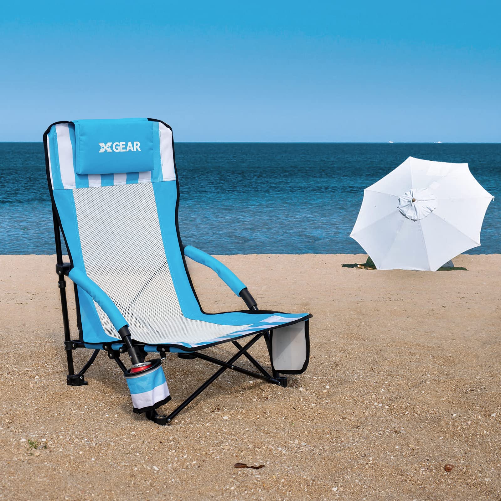 XGEAR Beach Chair Low Seat Beach Chair for Adults High Back Camping Chair with Cup Holder Blue & White