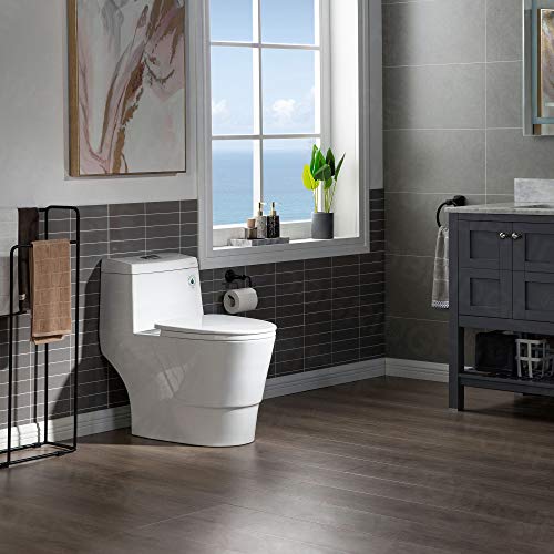 WOODBRIDGEE One Piece Toilet with Soft Closing Seat, Chair Height, 1.28 GPF Dual, Water Sensed, 1000 Gram MaP Flushing Score Toilet with Brushed Gold Button T0001-BG, White