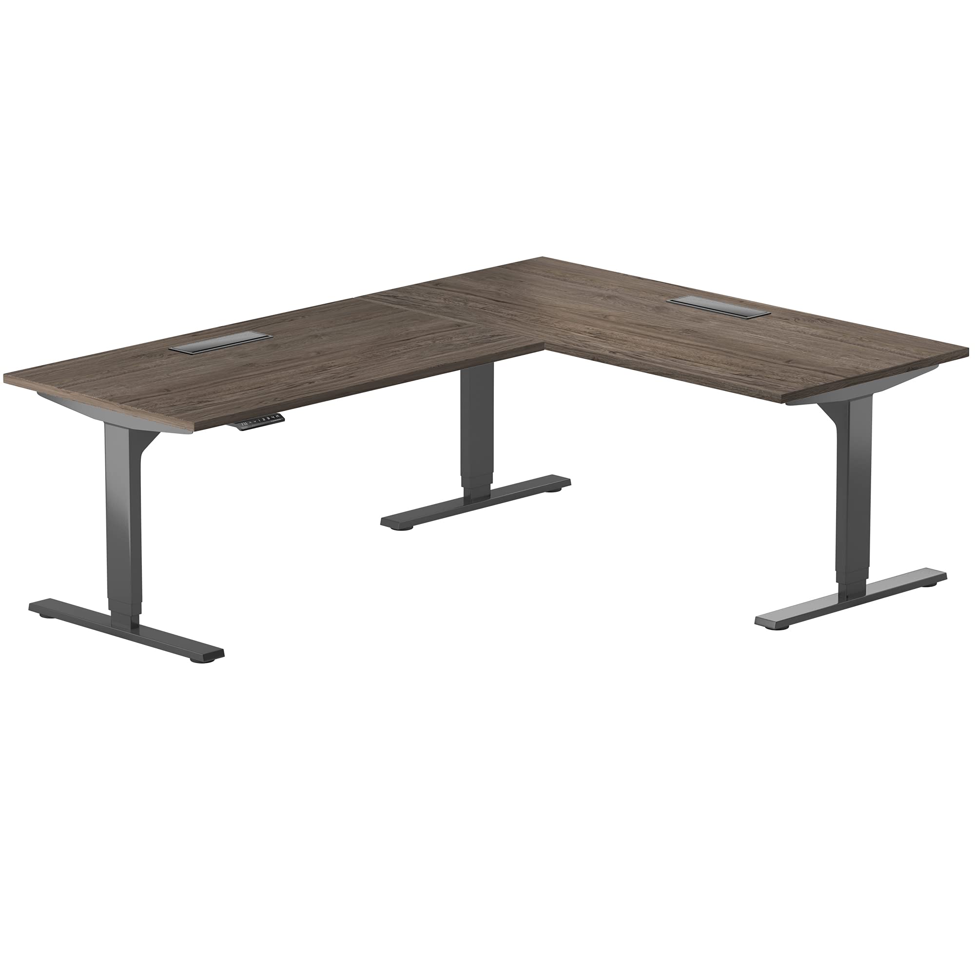 Progressive Desk L Shaped Height Adjustable Standing Desk 90" x 60" - Corner Computer Desk - Electric Stand Up Rising Workstation - Black Frame/Light Walnut Top