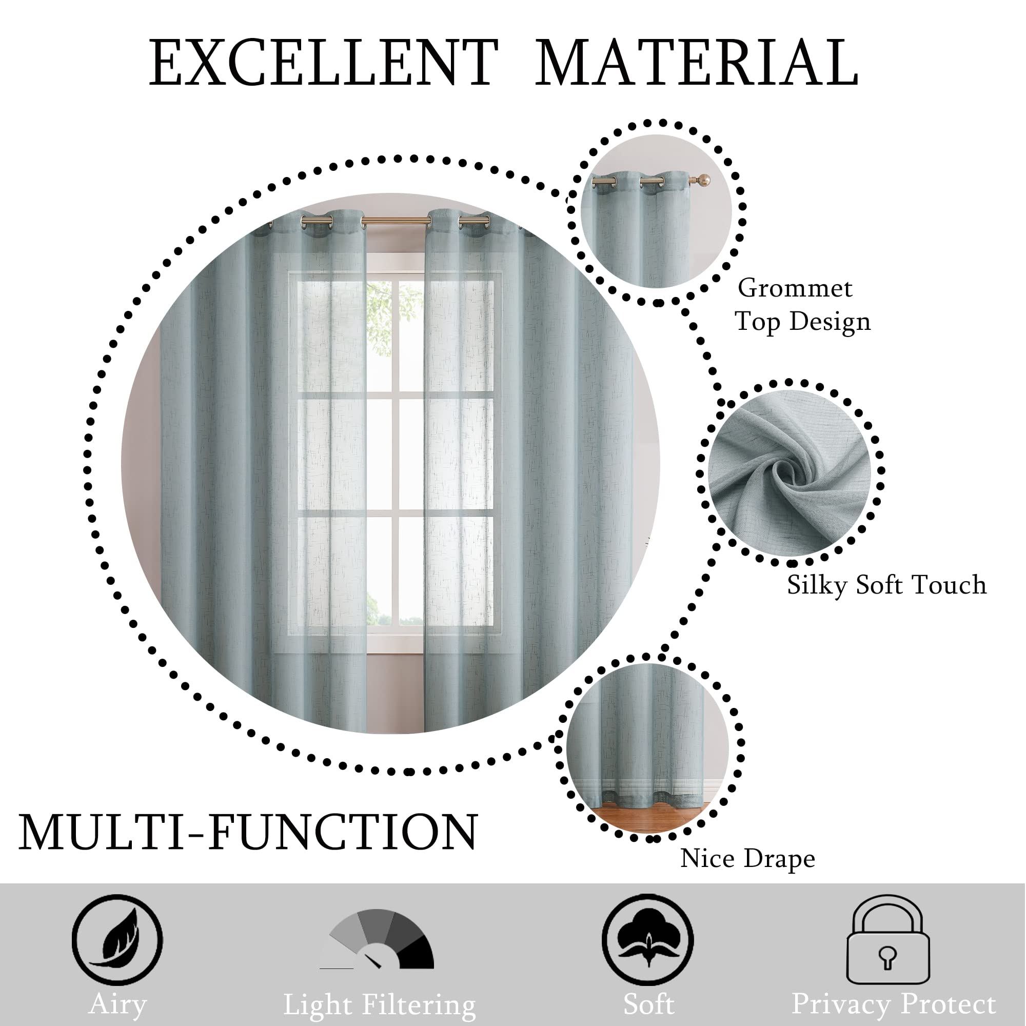 Spa Linen Sheer Curtain Panel Pairs 84 Inches Long with Grommets/Eyelets Rustic Window Treatment Drapery Sets for Living Room Bedroom Farmhouse, 54"x84", 2 Panels