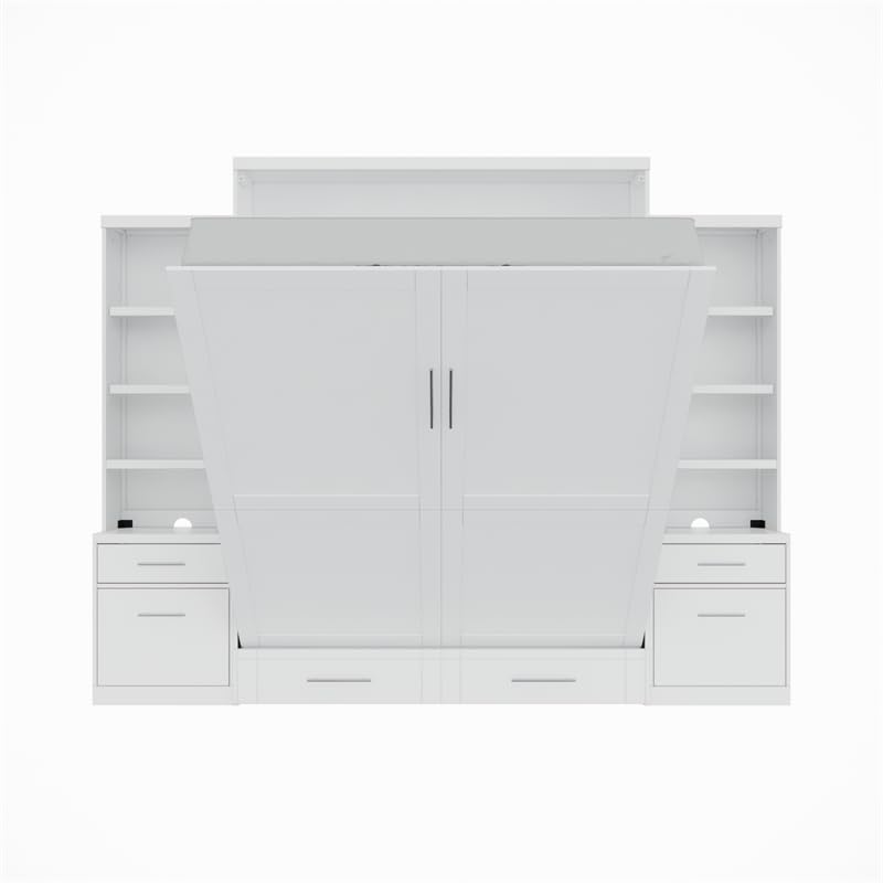 RoomAndLoft Queen Size White Murphy Wall Bed in Solid Wood, with Storage and Shelves, No Box Spring Needed, Easy Assembly, Up to weight capacity