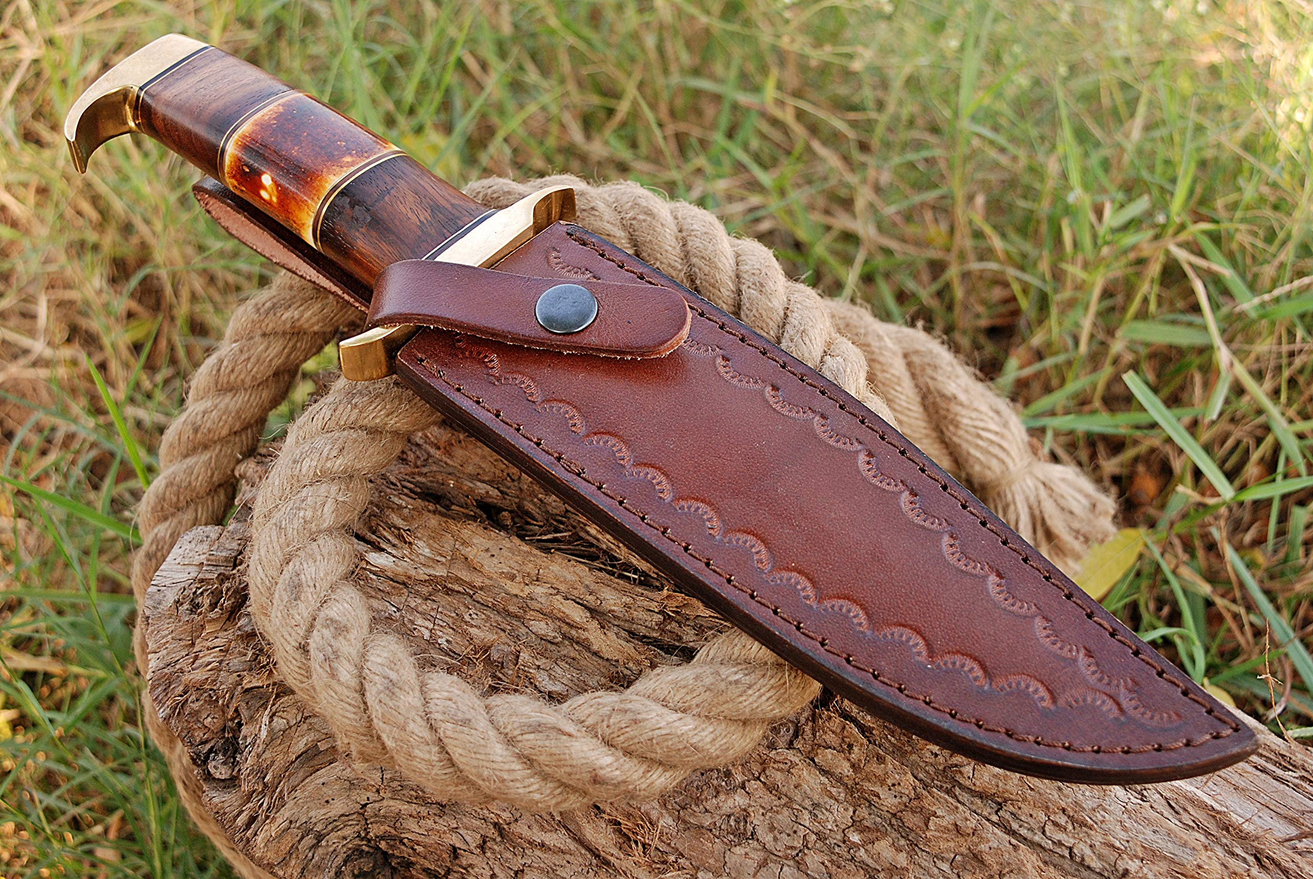 Zaildar Damascus Steel Bowi Knife Custom Handmade Knife Fixed Blade Knife Hunting Knives Survival Knife and Camping Knife with Bone and Rose Wood Handle with Leather Knife Sheath