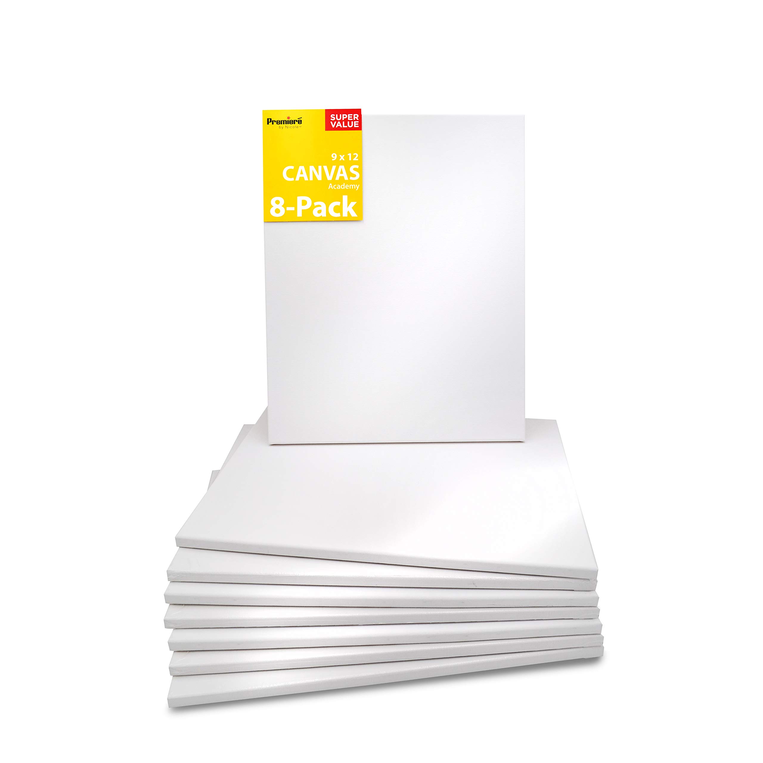 Premiere by Nicole 8 Pack Stretched Canvas for Painting,9x12|Bulk Value Pack Plain White Rectangular Canvases,Triple Acrylic Gesso Primed|Art Supplies for Acrylics,Oil Painting,DIY Wall Decor