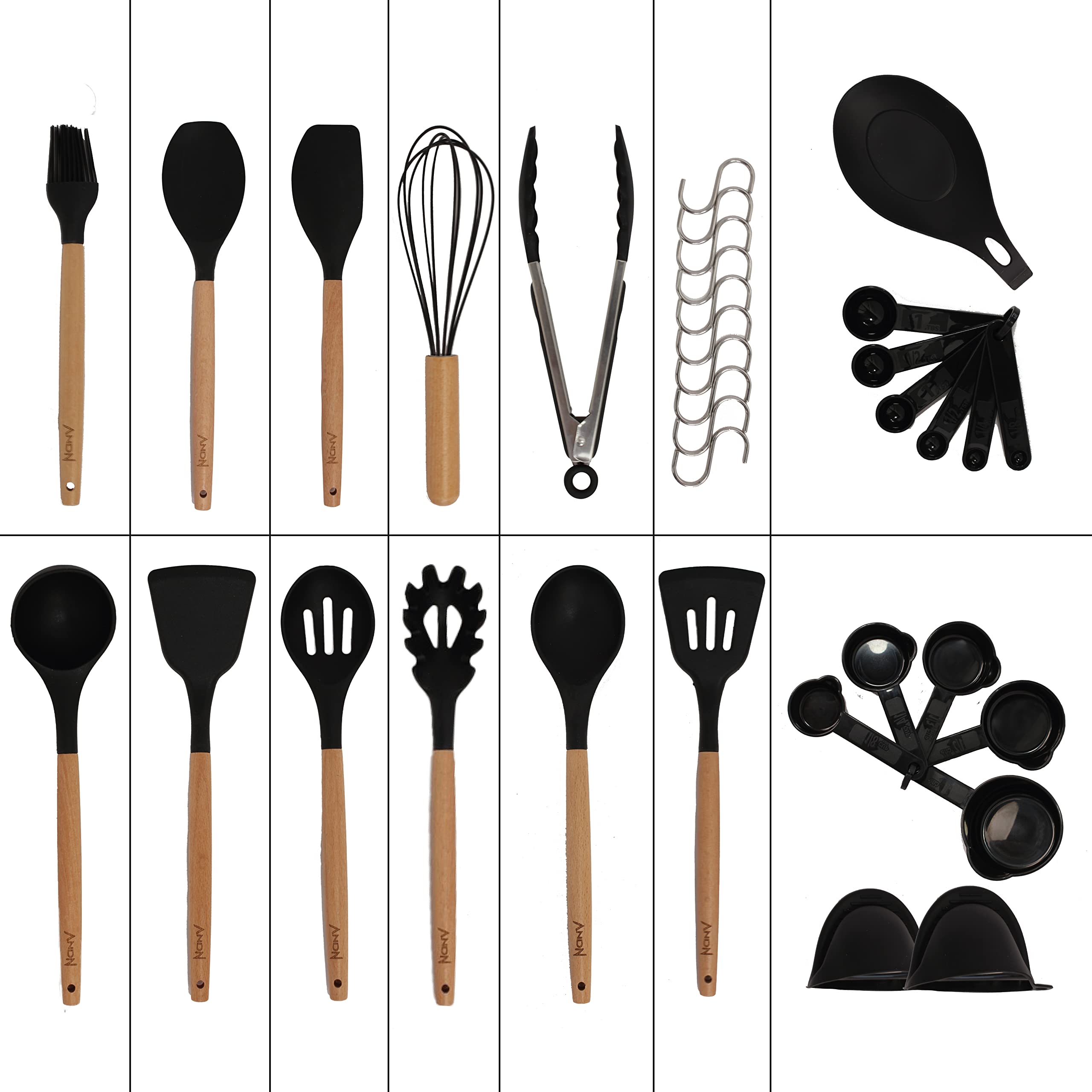 Premium 35-Piece Food Grade Silicone Kitchen Utensils Set | Nonstick Cooking Tools with Free Silicone Handles | Stylish Black Cookware Collection | BPA Free- Black