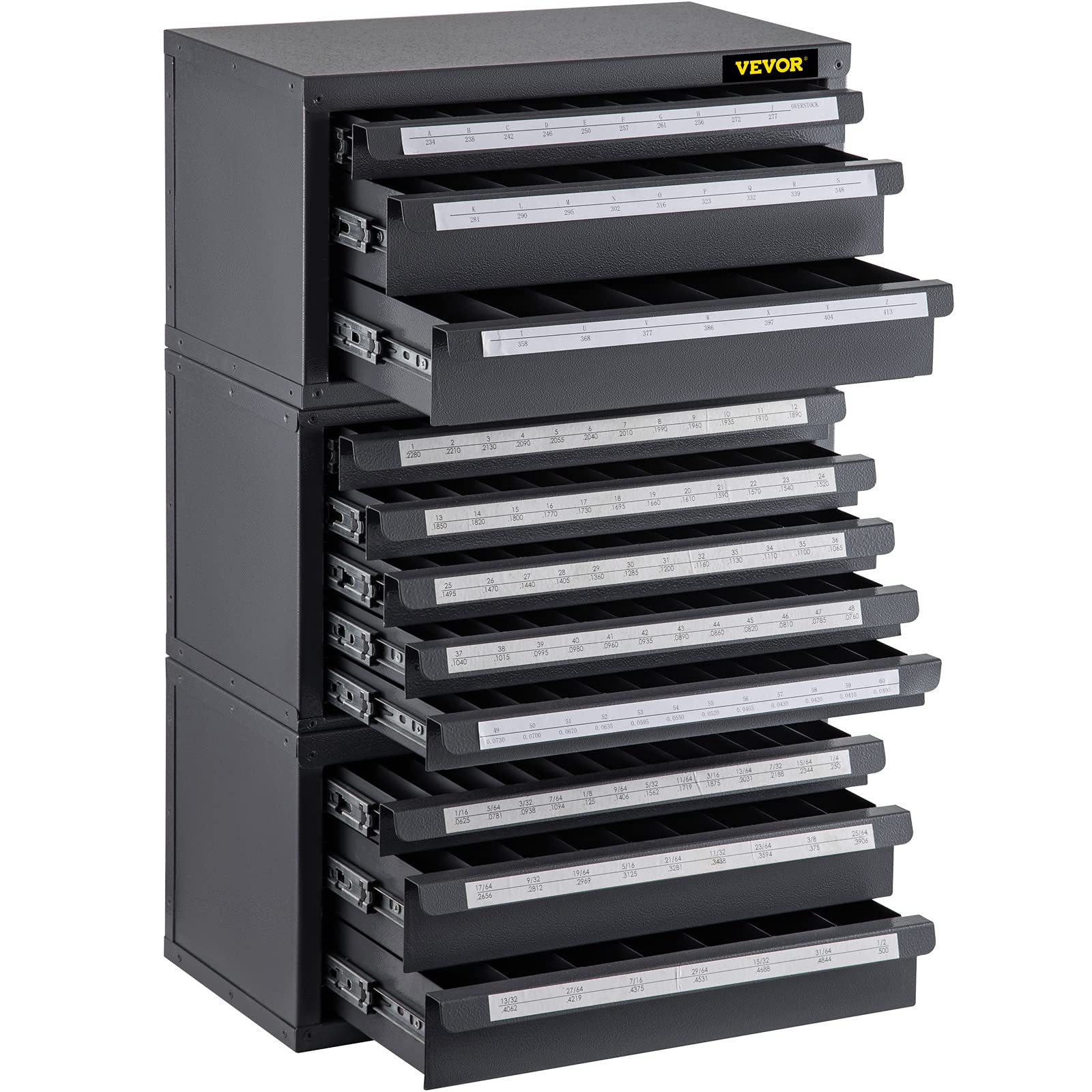 VEVOR Drill Bit Dispenser Cabinet Set, Three-Drawer for 1/16" to 1/2" & Letter Sizes A to Z, Five-Drawer Drill Bit Organizer for Wire Gauge Sizes #1 to #60, 3 Pieces