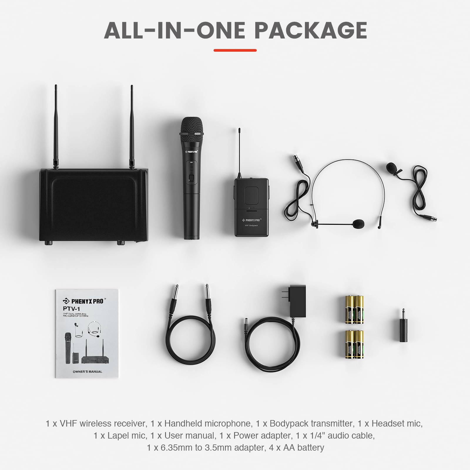Phenyx Pro Wireless Microphone System, VHF Wireless Mic Set with Handheld Microphone/Bodypack/Headset/Lapel Mics, Stable Signal, Cordless Mic for Singing, Karaoke, Church, DJ (PTV-1B)