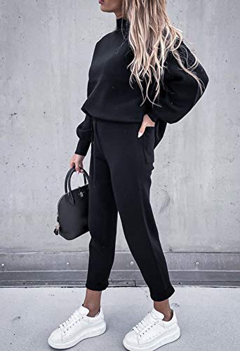 Women's 2 Piece Pant Set Sweatsuit Long Lantern Sleeve Sweatshirt Jogger Pant Tracksuit Black M