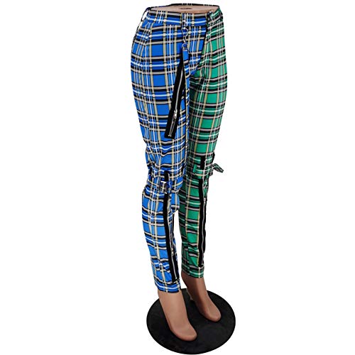 Women's Casual Plaid Color Block Sweatpants Stretchy High Waist Work Skinny Pants Blue + Green Medium