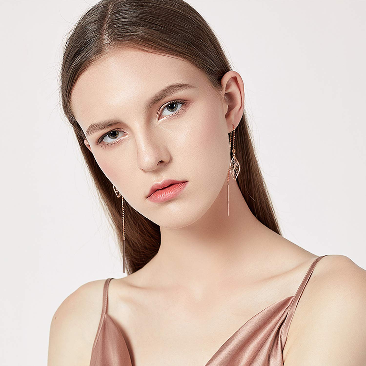 SISGEM 18k Yellow Gold Threader Earring for Women Dangle, Long Chain Leaf Earrings Jewelry Gift for Her