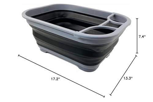 SAMMART 15L (3.96 Gallons) Collapsible Plastic Dish Drainer - Foldable Drying Rack - Portable Dinnerware Organizer - Space Saving Storage Tray for Kitchen, Camping (Grey/Black)