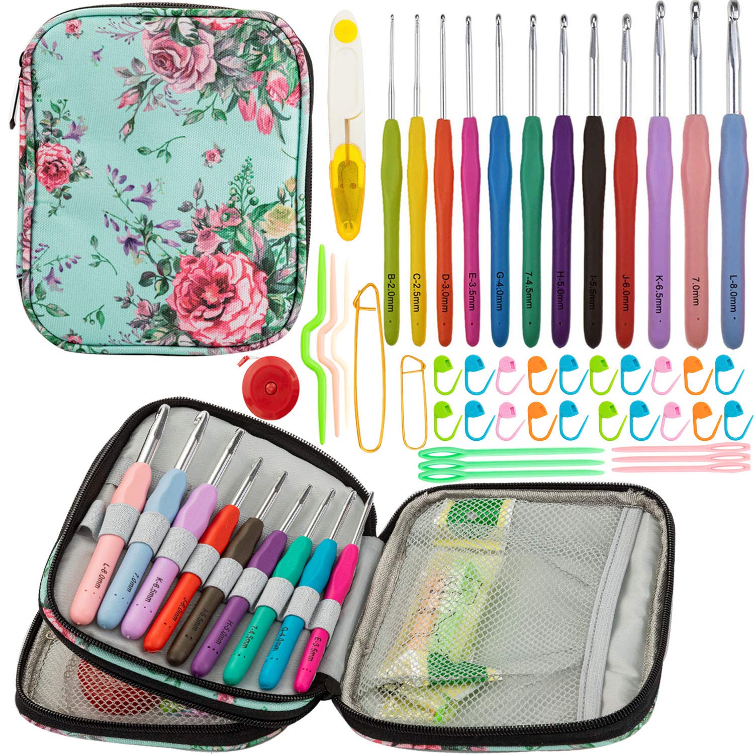 YAOYUE Set of 38pcs Crochet Kit-12 pcs Extra Long Ergonomic Crochet Hook Set Size 2mm-8mm Knitting Needles with Storage Bag and Crochet Accessories