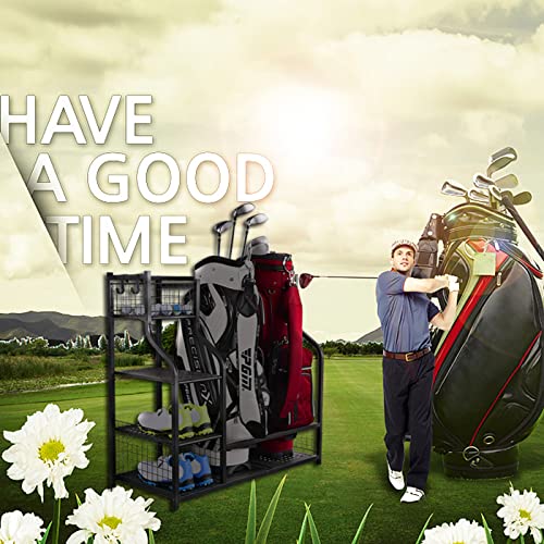 SNAIL Golf Bag Garage Storage Organizer Extra Large Size Golf Bag Rack Stand Holder Fits 2 Golf Bags and Other Golfing Equipment Accessories, Metal Black Golf Club Storage for Garage Shed and Basement