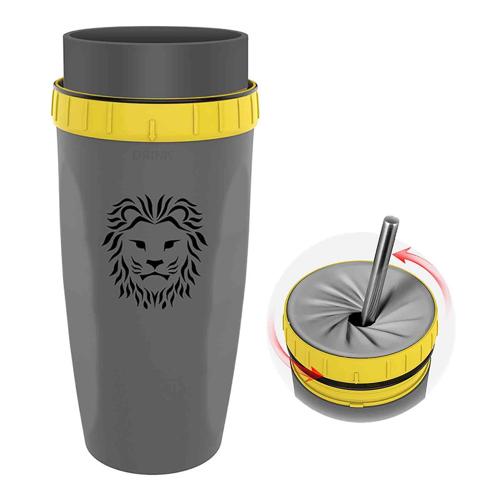 Twizz Cup 11oz, Twizz Travel Mug with Straw 300ml, Twizz Coffee Cup, Twizz Insulated Cups Unique Twist Leak-Proof Design, Twizz Coffee Cup Aperture Mug with Straw Double Silicone (Lion, Grey)