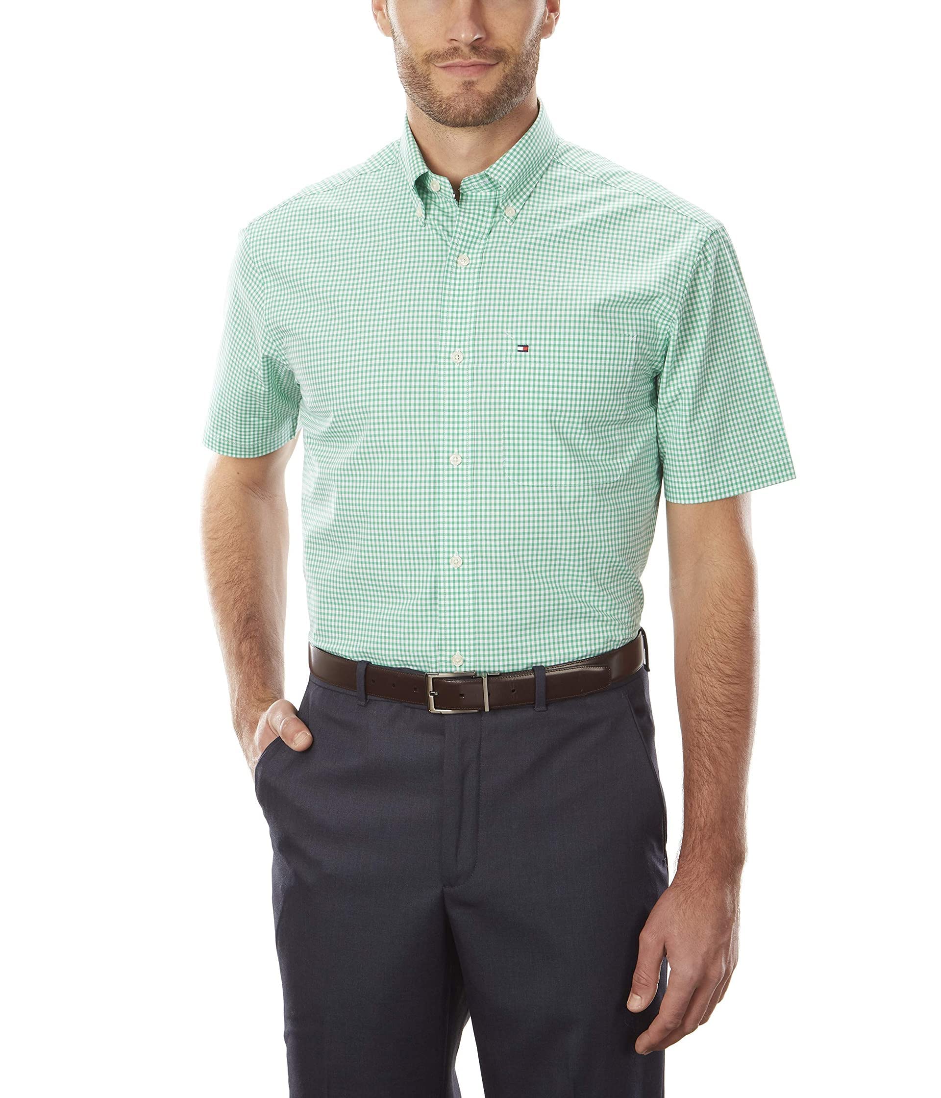 Tommy Hilfiger Men's Short Sleeve Button-Down Shirt, Cactus, 16.5" Neck