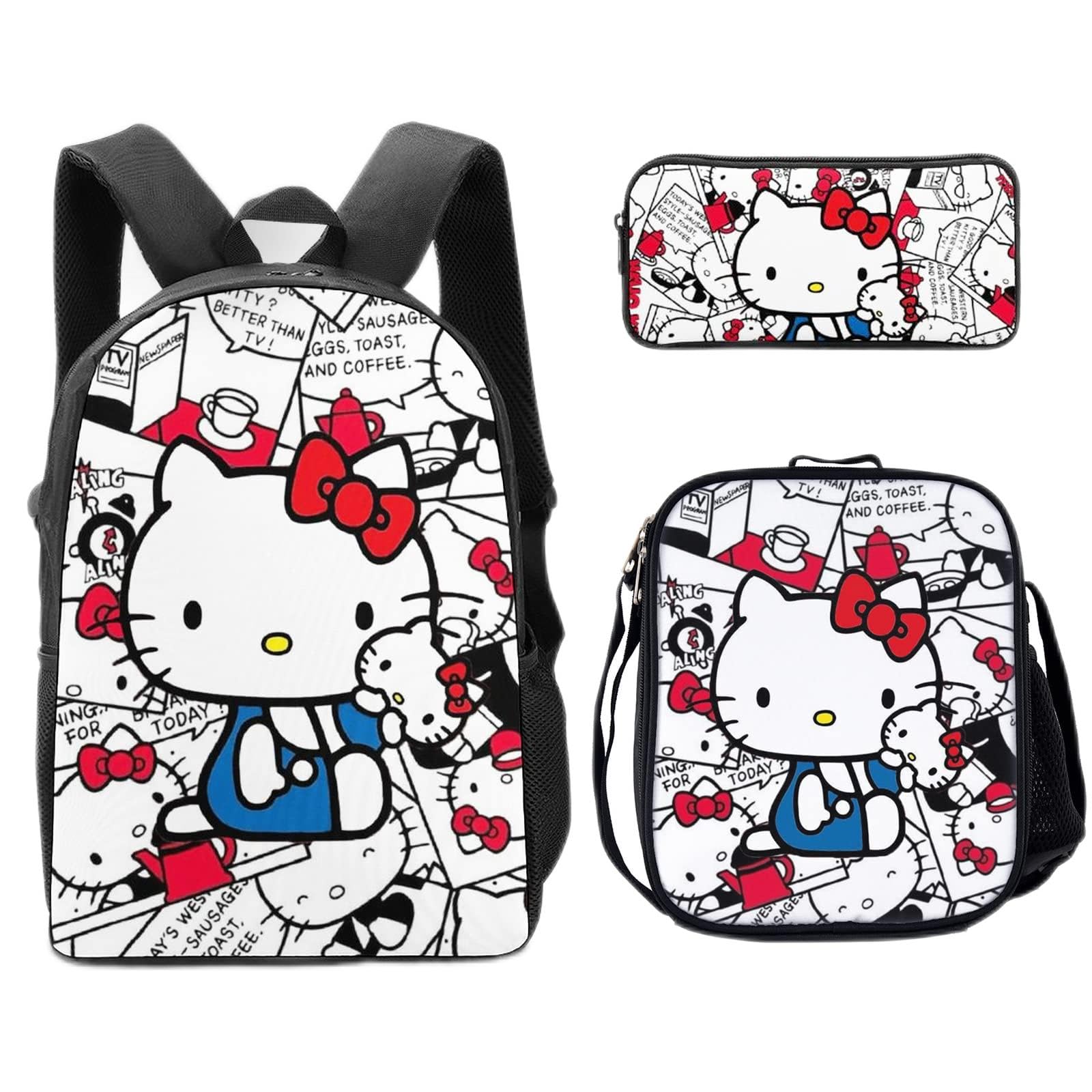 SKYWOK Cute Backpack Set with Lunch Bag and Pencil Case, 3PCS Cartoon Backpack Sets for Girls Boys Black-1