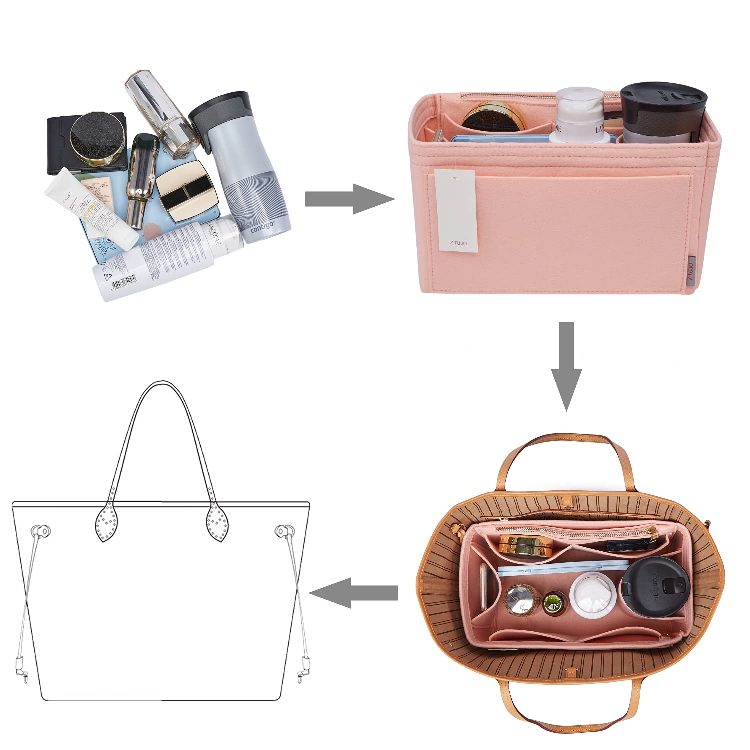 ZTUJO Purse Organizer Insert With Bottle Holder, Felt Bag Organizer Perfect for Speedy, Neverfull, Tote and More (Slender Medium, Brush Pink)