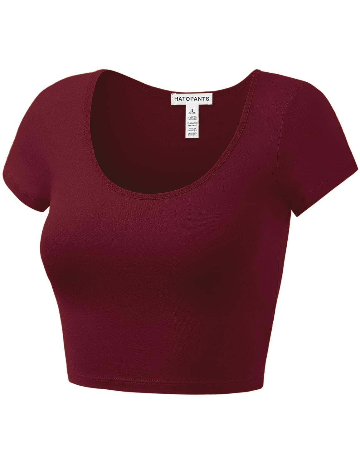 Women's Cotton Basic Scoop Neck Crop Tops Short Sleeve Tops DARKBURGUNDY M