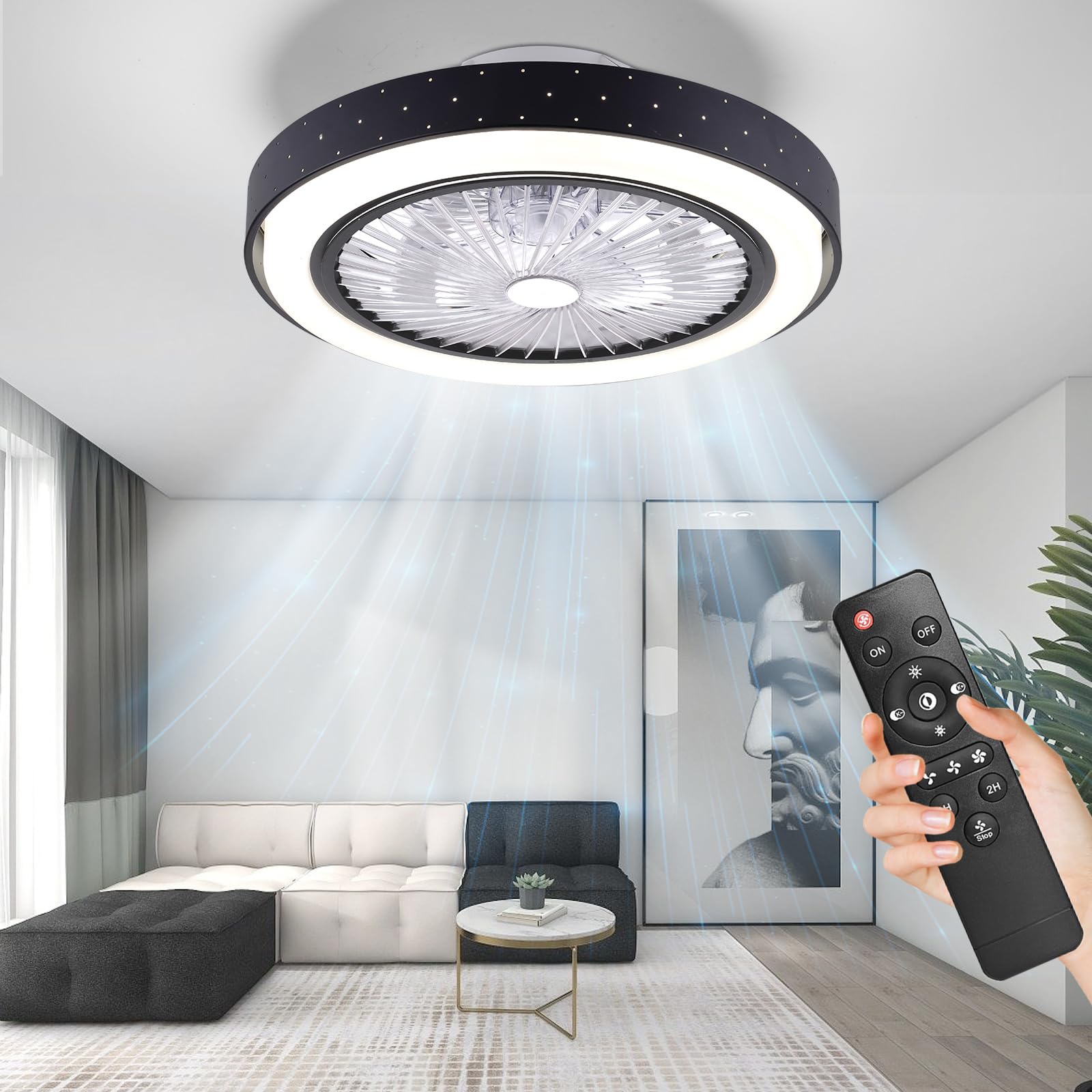 POWROL Ceiling Fans with Lights Bladeless Low Profile Remote Control Enclosed Ceiling Fan LED 3 Colors Dimming 3 Speed 19''Flush Mount Fan Light Iron Black Timer 1H/2H for Bedroom