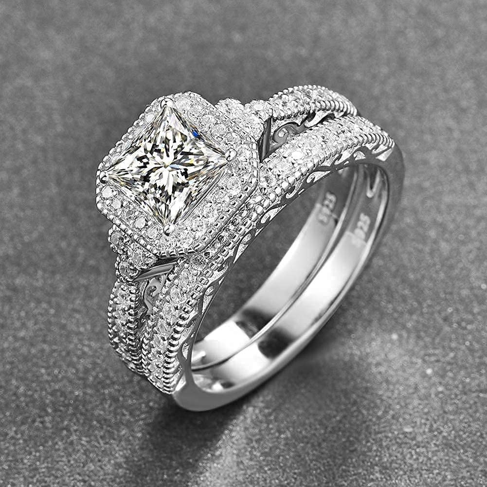 Yaresul 0.8ct Princess Cut Engagement Ring Sets 6X6mm White AAA Solitaire Cubic Zirconia Engagement Ring Set 925 Sterling Silver Wedding Ring Set for Women Size 9