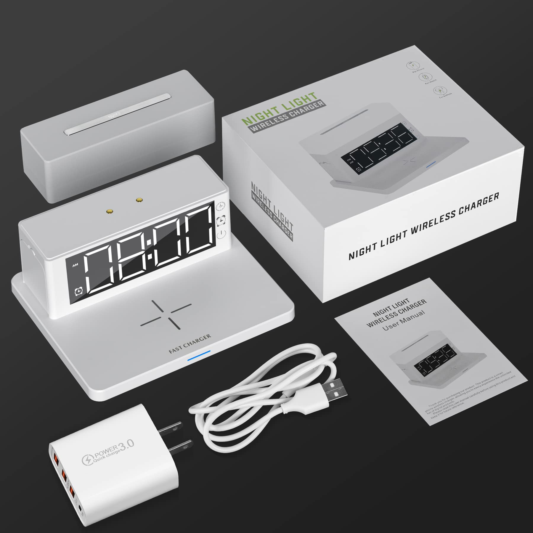 SMSASOEO Wireless Charger,6 in 1 Wireless Charging Station with Digital Alarm Clock & Night Light,15W Fast Charger Compatible with iPhone 14/13/12/11/XS Samsung Galaxy AirPods & Apple Watch