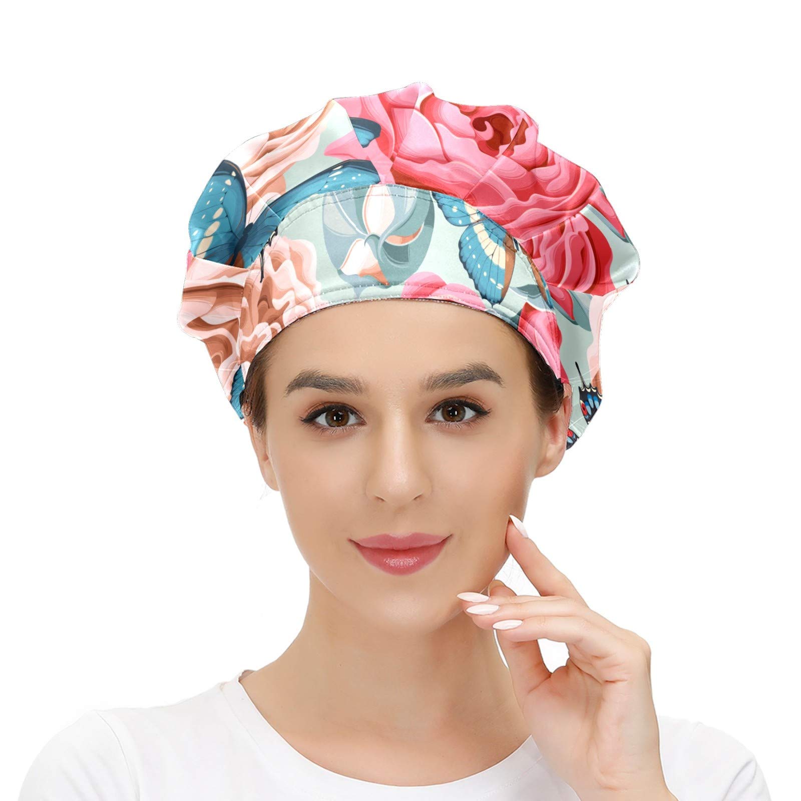 Womens Working Cap with Cotton Sweatband Adjustable Elastic Head Cover Hair Tie Back Work Hats for Women Men One Size Bouffant Hat Covers Rose with Butterfly