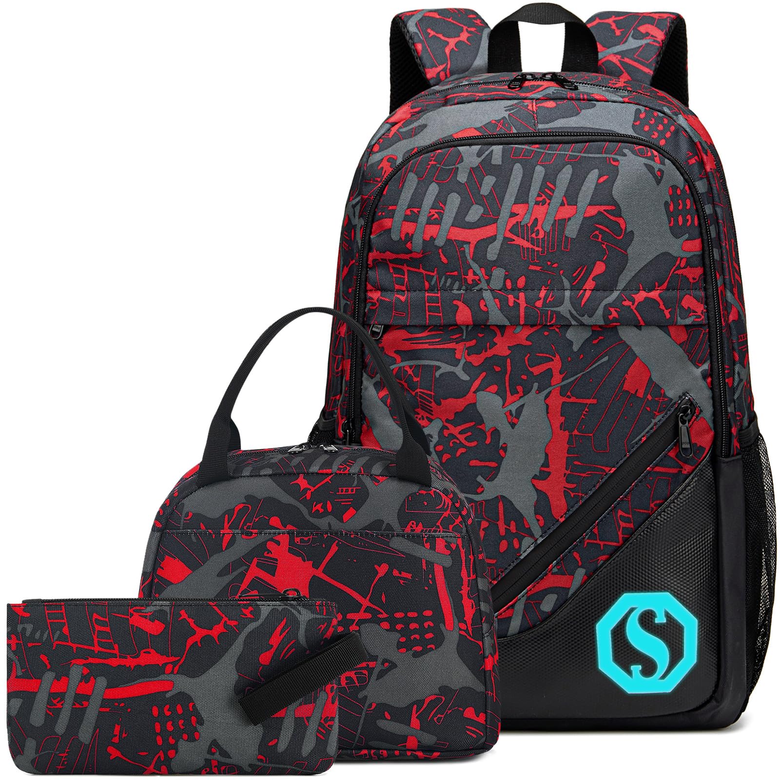 School Backpack for Boys Kids 3Pcs Teens Bookbag Elementary Backpacks Set with Lunch Box and Pencil Case