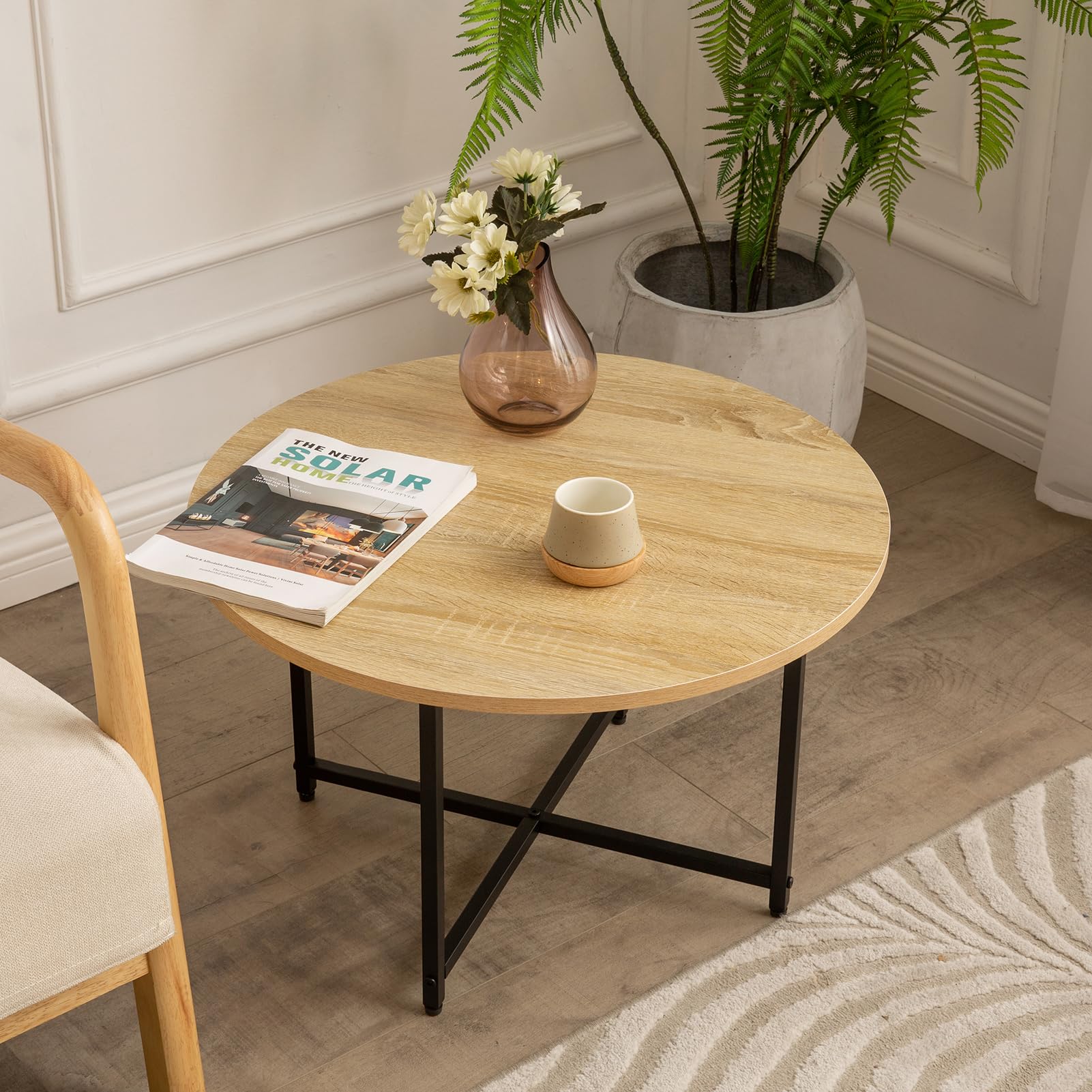 Round Coffee Table with Rustic Wooden Top & Sturdy Metal Legs Sofa Couches Table Side Table End Table Accent Table for Living Room Balcony Kitchen Natural Modern Design Furniture (white oak)