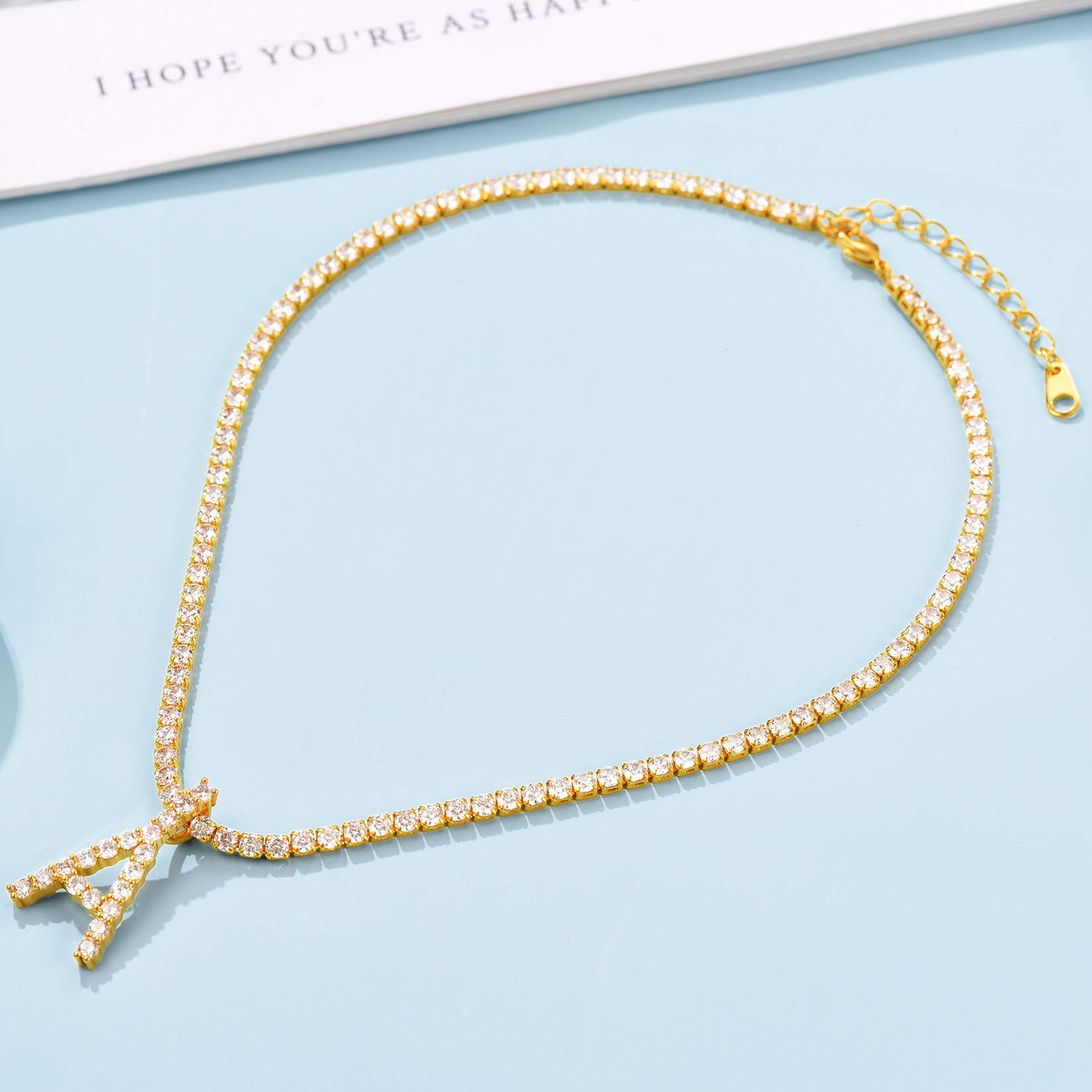 Suplight Tennis Chain Initial Necklace, Choker Chain with Pendant, Womens Bling Necklace, Cubic Zirconia CZ Micro Pave A-Z Alphabet Letter Necklaces for Women