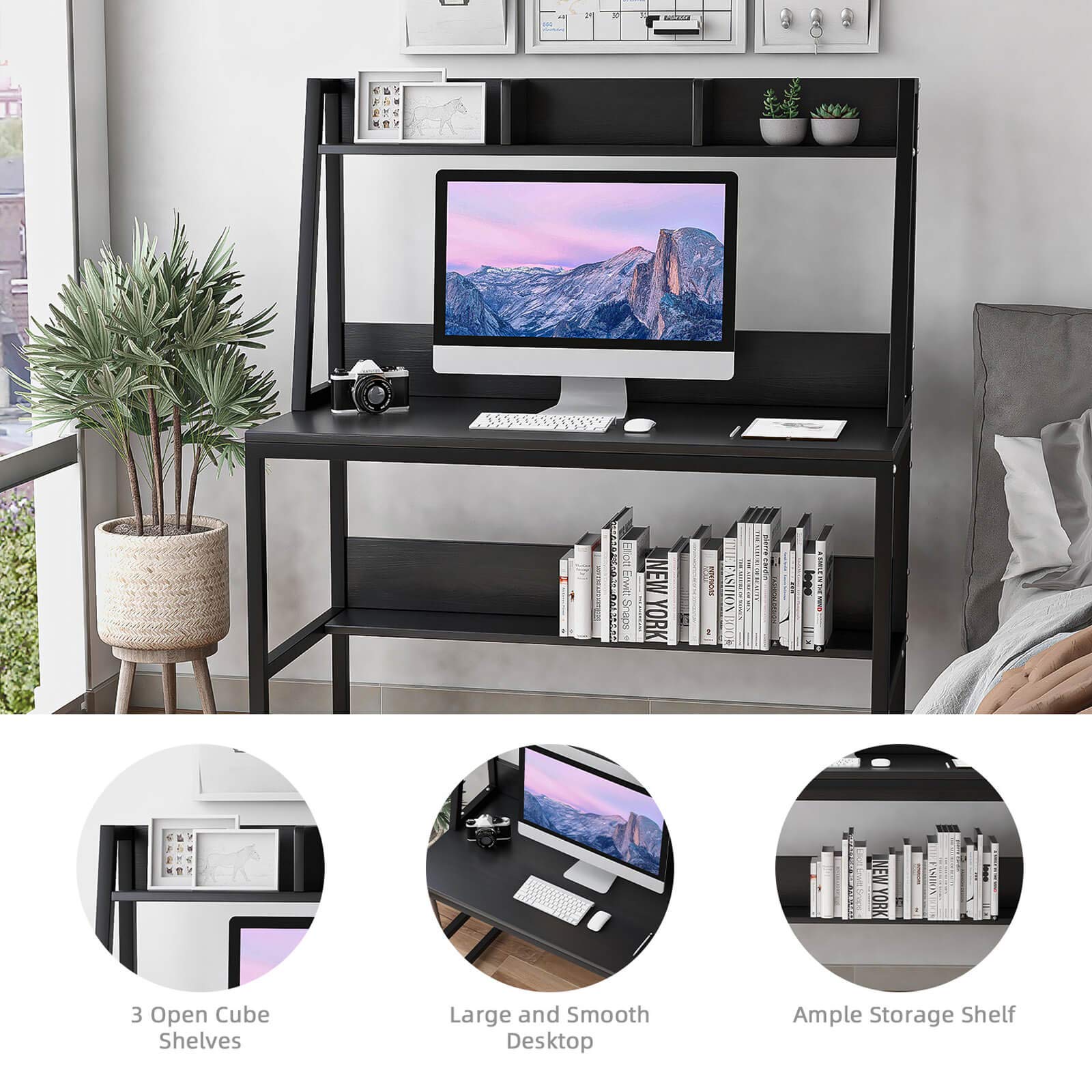 Twomaples Computer Desk with Hutch and Bookshelf - 47.2 inch Writing Study Desk for Home Office Sturdy Study Desk for Small Spaces Modern Wood Desk with Steel Frame Black