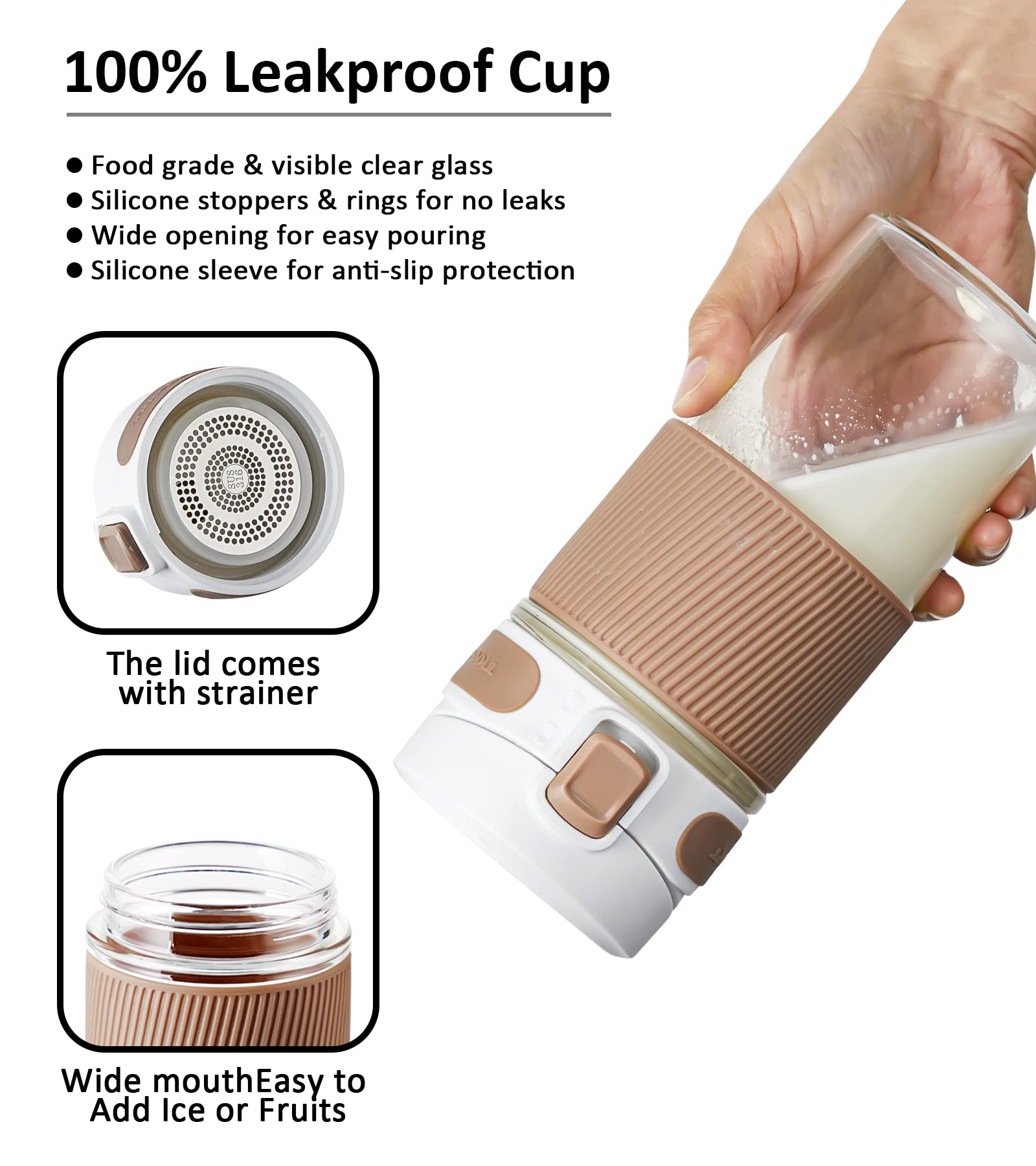 TKK Glass Travel Coffee Mug with Lid 15 OZ Leak Proof Reusable Coffee Cup with Silicone Sleeve - BPA Free, White-NEW
