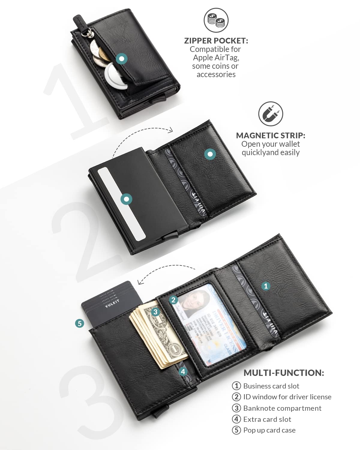 VULKIT Pop up Wallet RFID Blocking Leather Credit Card Wallet with Banknote Compartment, ID Window & Coin Pocket (Black)
