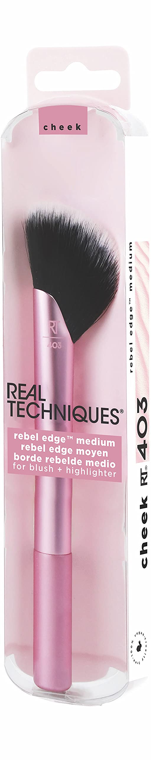 Real Techniques Cheek Rebel Edge Medium Blush & Highlighter Brush, For Loose Blush or Face Highlighter, Fan Makeup Brush, Aluminium, Pink, 1 Count