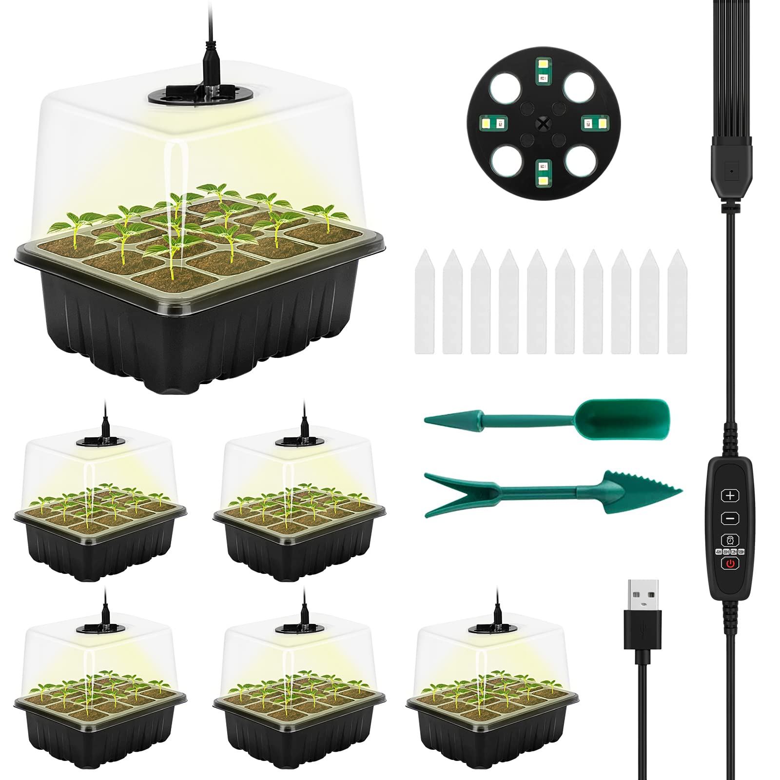 RIOGOO 6 Pack Seed Starter Tray with Grow Light, Timing Seed Starter Kit with Adjustable Brightness & Humidity,Greenhouse Germination Kit for Seed Growing Starting (12x6,72 Cells)