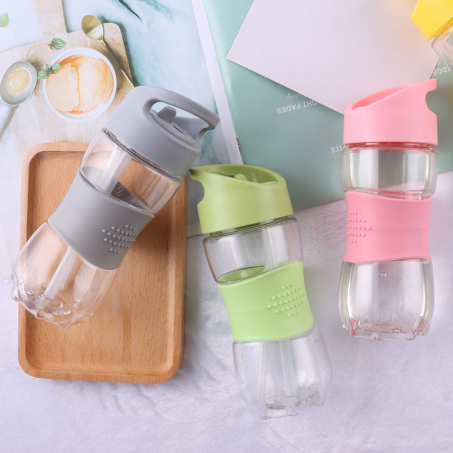 Sivaphe 12 oz Kids Water Bottle with Straw Leak Proof Boy and Girl Drinking Jug, Tritan Platic Small Clear Drinking Bottle for School Yellow
